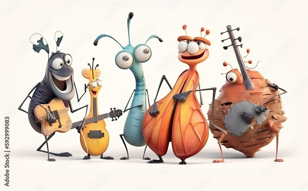 Happy and joyful insects playing musical instruments. Cartoon ...