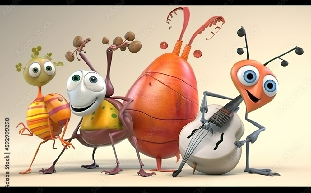 Happy and joyful insects playing musical instruments. Cartoon ...