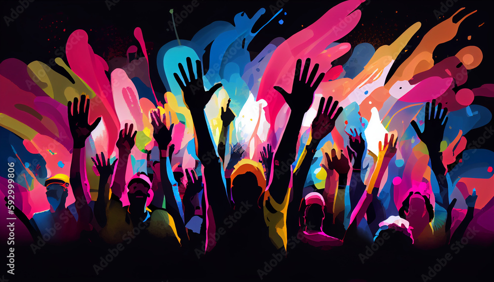 Group of people raising their hands in the air. Colorful Illustration ...