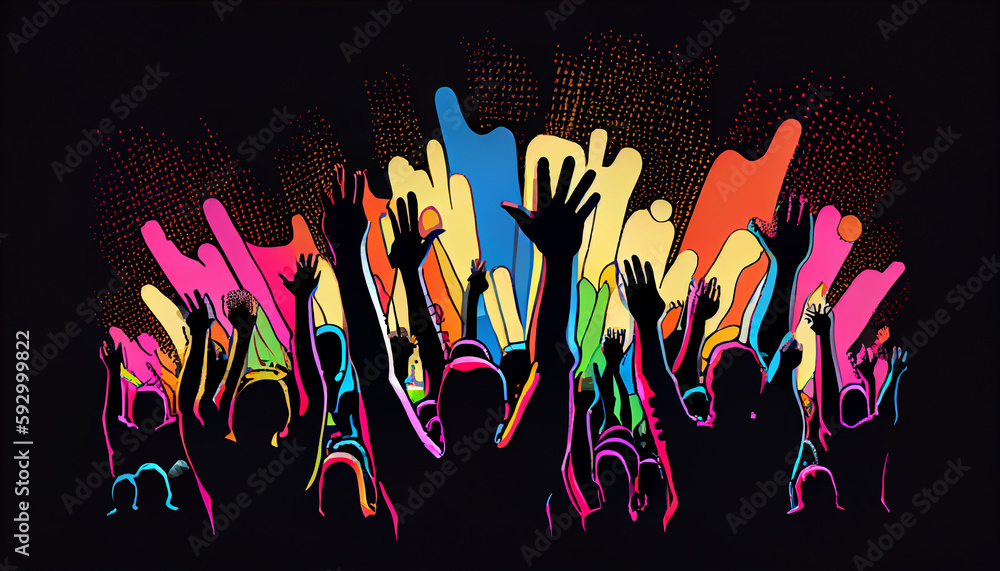Group of people raising their hands in the air. Colorful Illustration ...