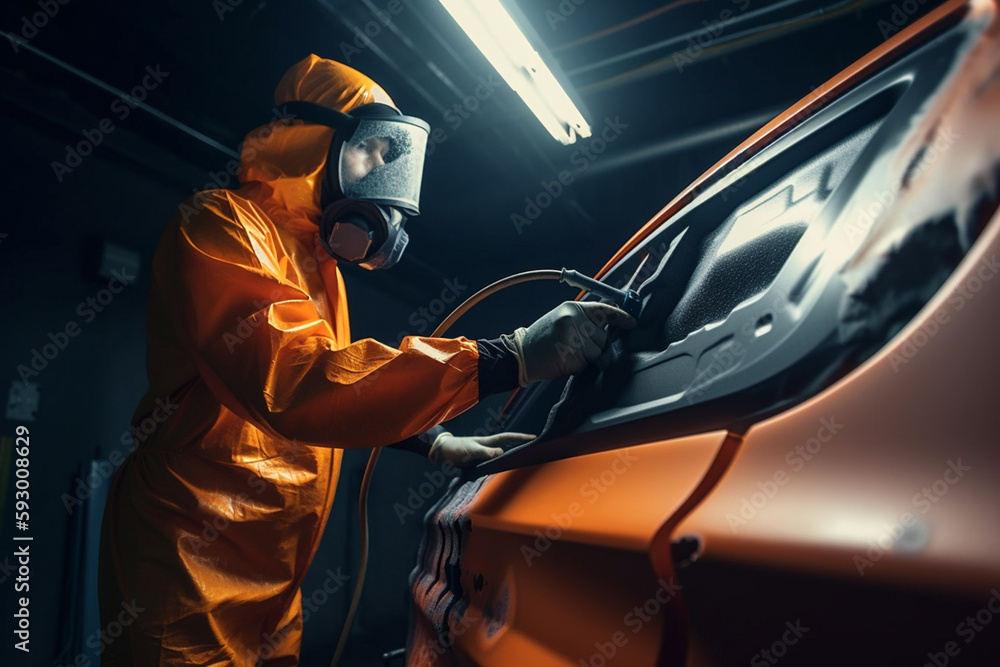 Car painter in protective clothes and mask painting a car, mechanic ...