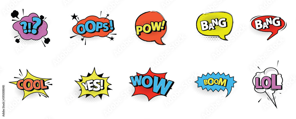 Set Comic speech bubbles with different emotions and text Wow, Omg ...