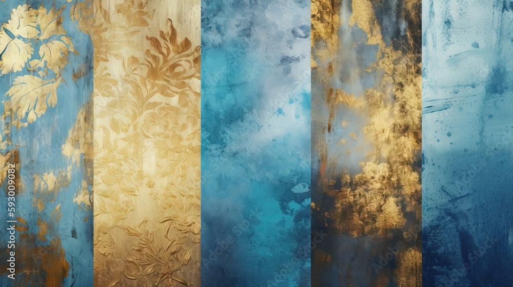 a blue and gold striped wall with gold leaf designs on it. generative ...