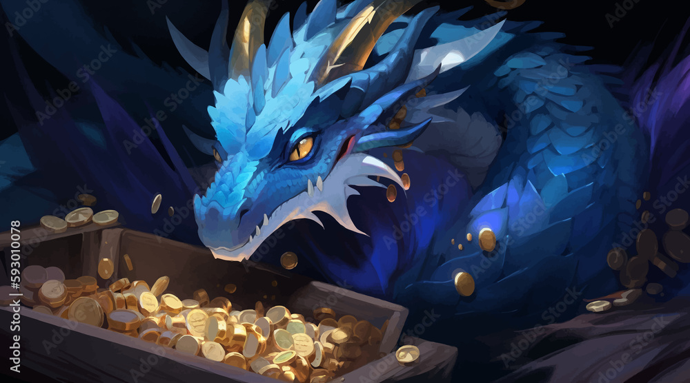 Fantasy Blue Dragon with a treasure chest full of gold coins. Treasure ...
