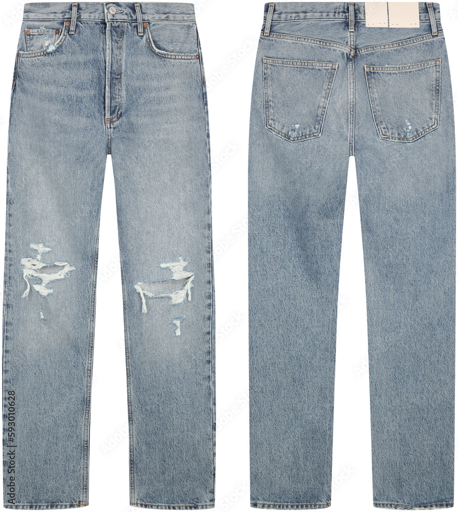 front view and back view, worn at the knees, blue-gray jeans, isolated ...