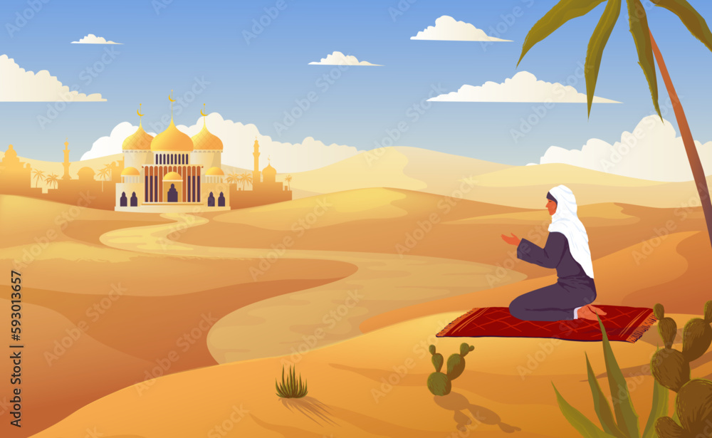 Arabic prayer, muslim character pray, islamic traveler. Mosque on sky ...