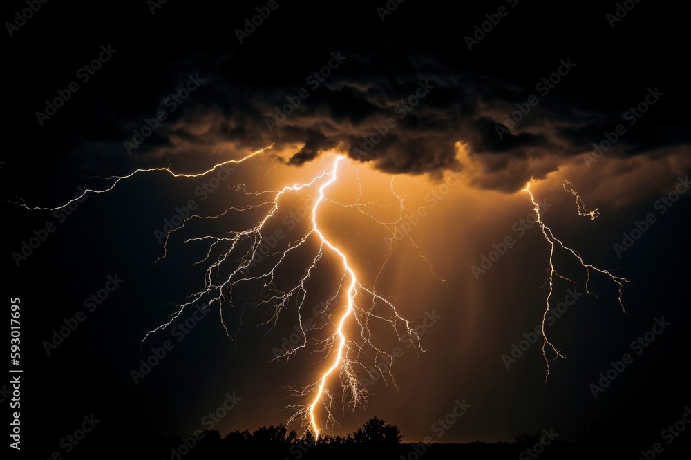 lightning drives from a dark cloud into a group of trees created with ...