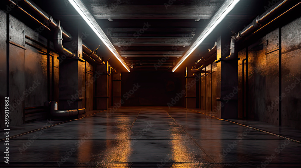 Futuristic studio stage dark room. Underground warehouse garage. Neon ...