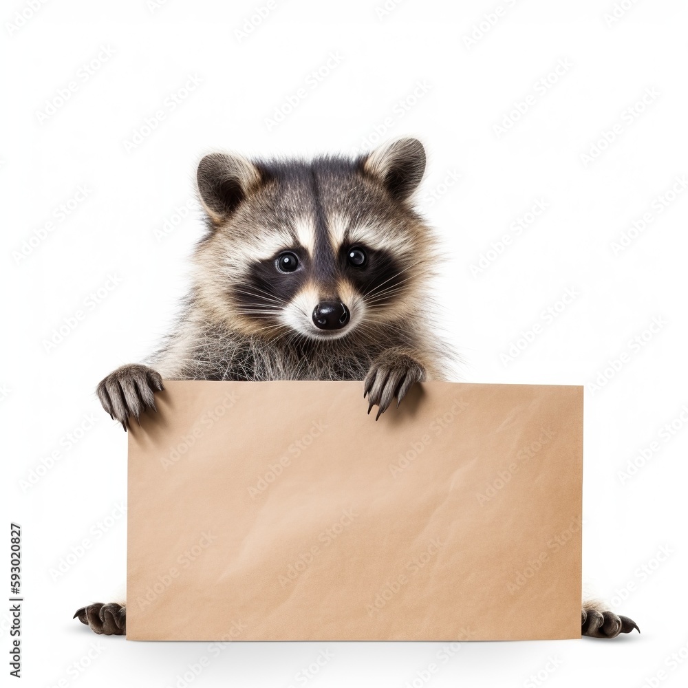 Cute cheerful raccoon cub with empty clean cardboard sign isolated on ...