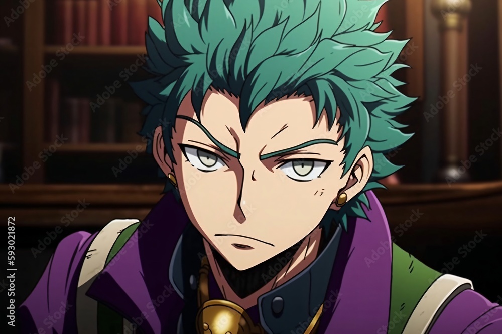 anime of a man with spiky green hair and scowl created with Generative ...