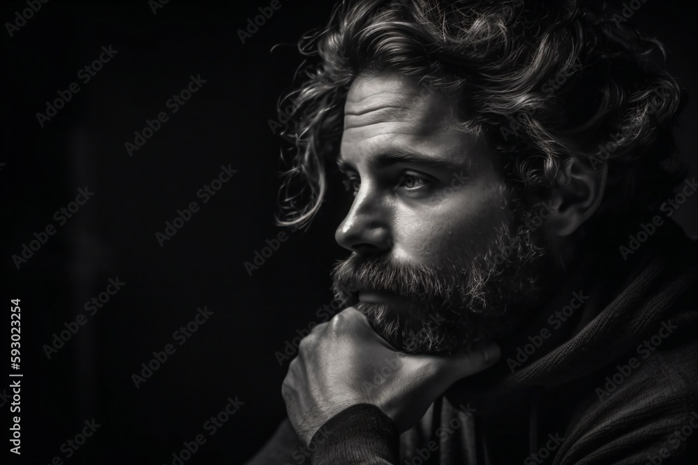 black and white illustration of a grizzled man propping up his chin ...