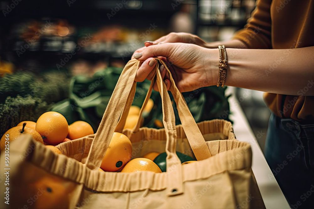 someone holding a paper bag full of oranges in the produce room at a ...