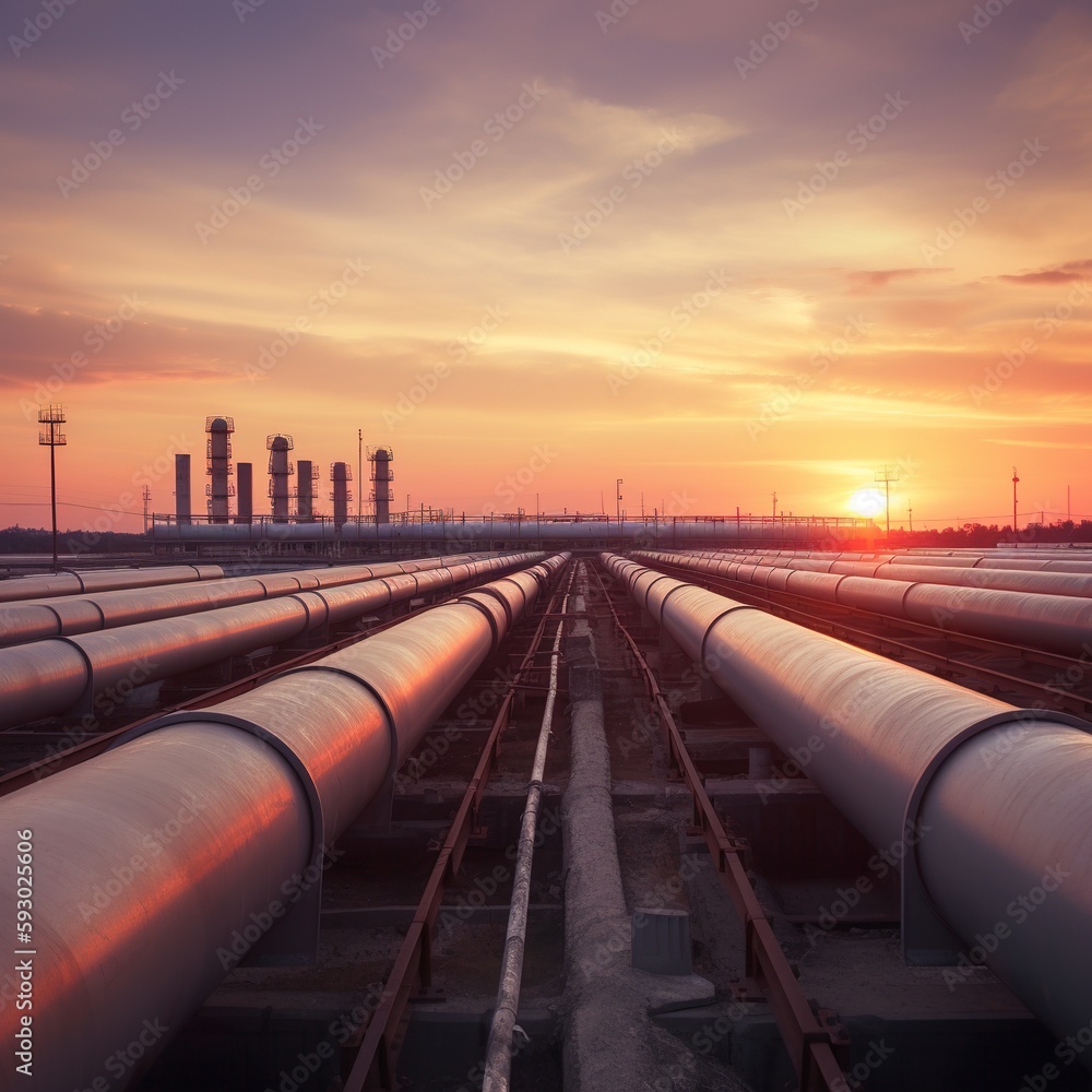 Petroleum industrial plant pipeline and pipe rack with sunset sky ...