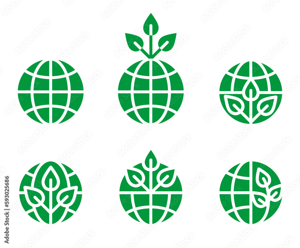 save the earth growing plant on globe logo symbol line icon set ...