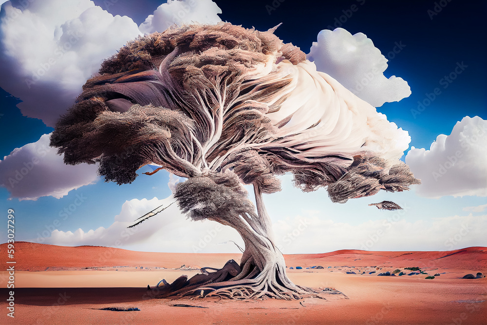 Arbre imaginaire surréaliste en plumes blanches avec ciel et nuage ...