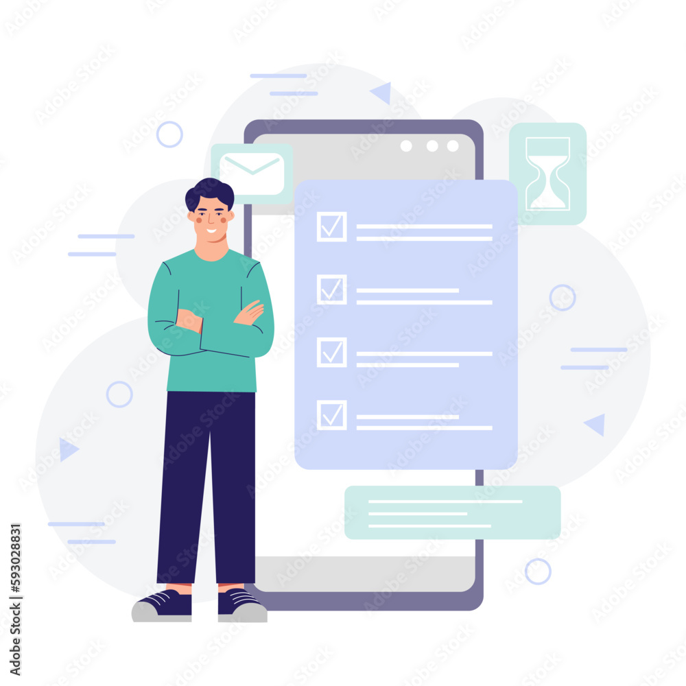 Colored cartoon character of positive young man organizing and managing ...