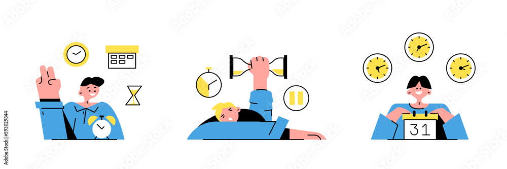 Set of cartoon characters organizing and managing their time. Young ...