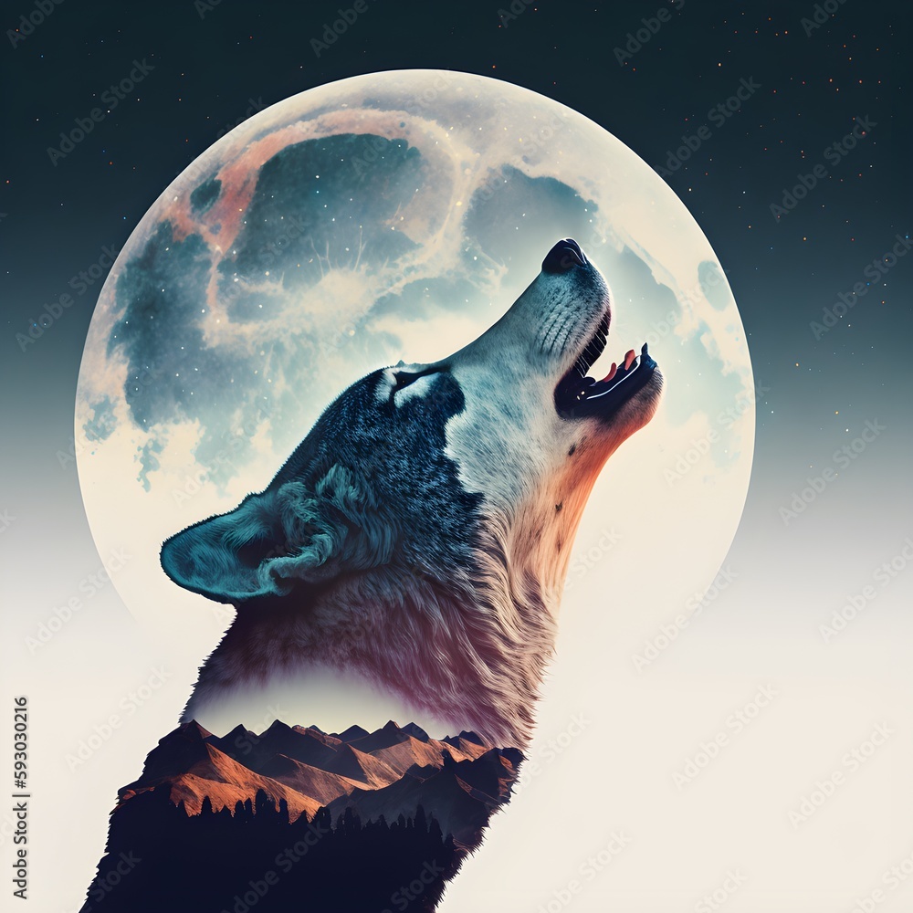 double exposure shot front profile of a wolf howling merged with night ...