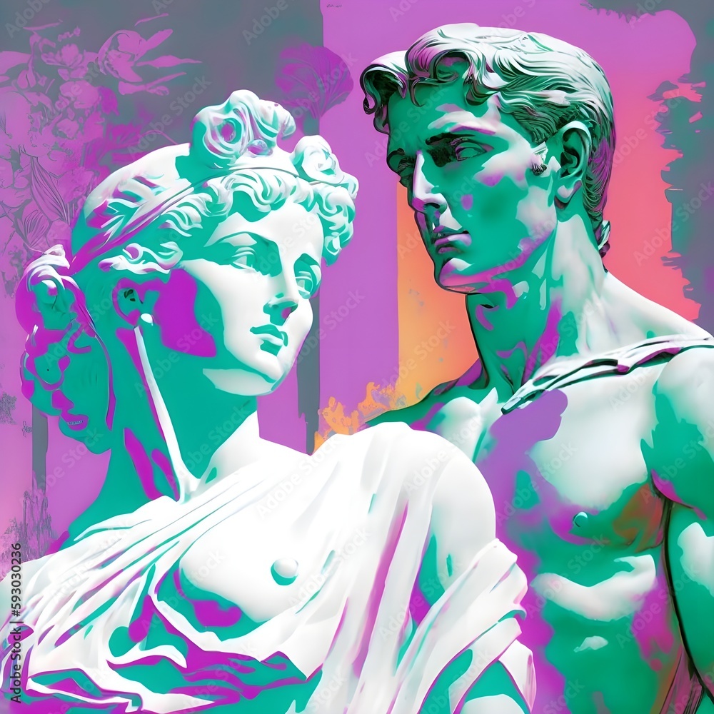 man and woman in toga vaporwave background andrew loomis style Stock ...