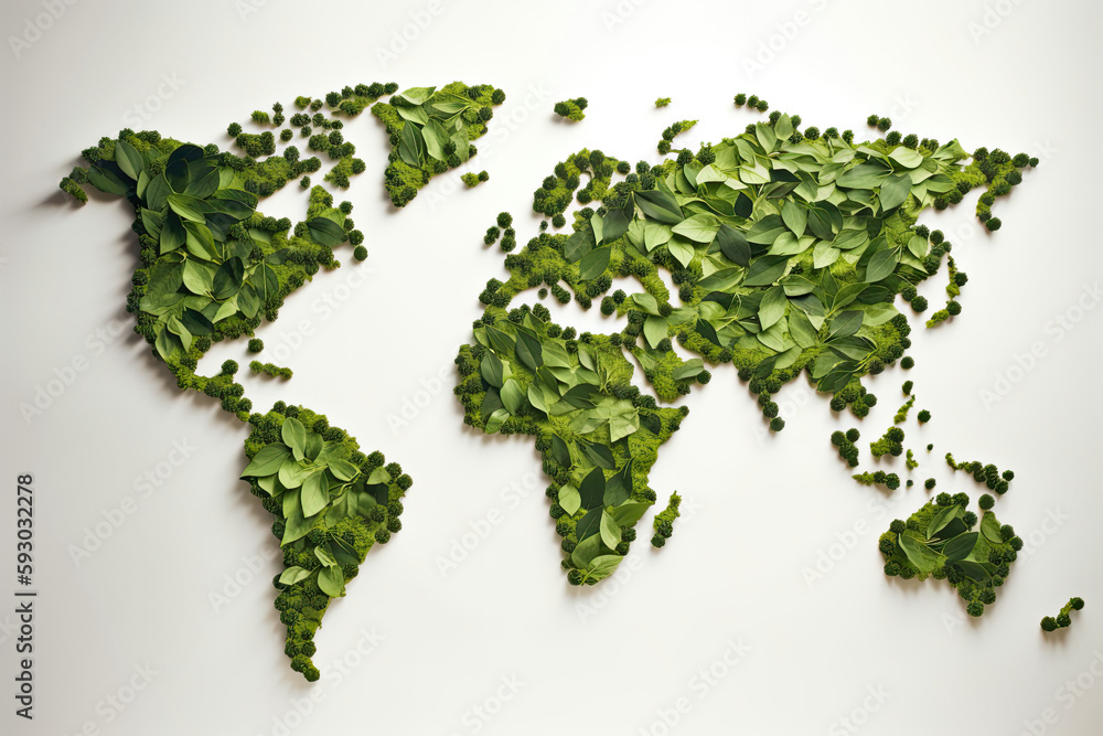 the world map made out of green leaves, with text overlay that reads ...