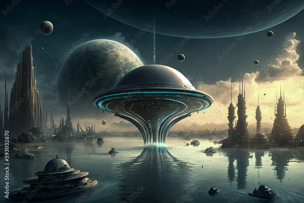 Generative AI illustration of futuristic sci-fi humanoid city on an ...