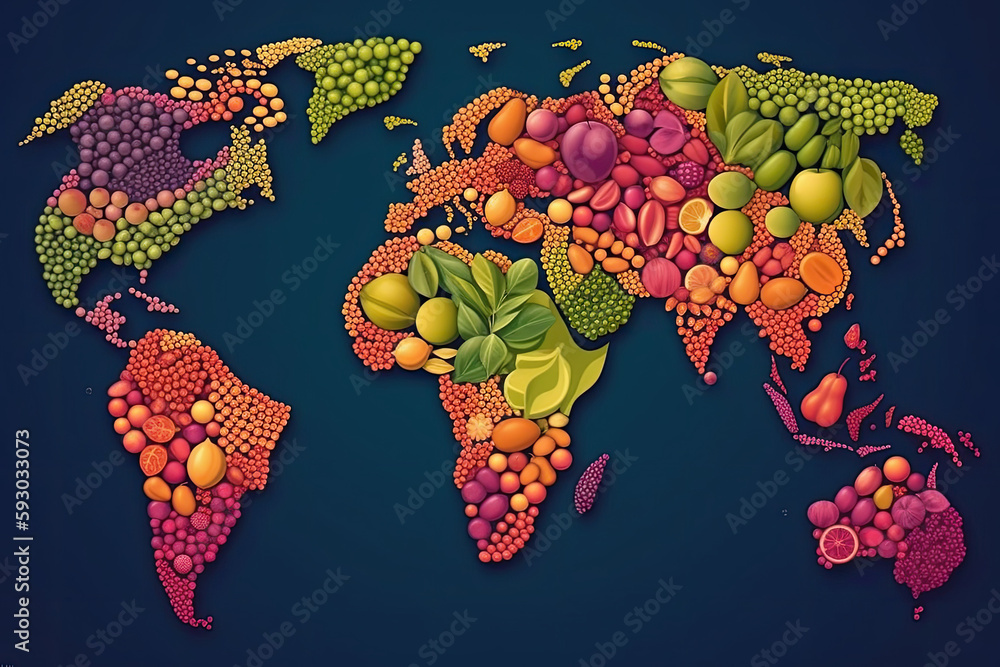 the world map made up of fruits and vegetables, all in shades of red ...