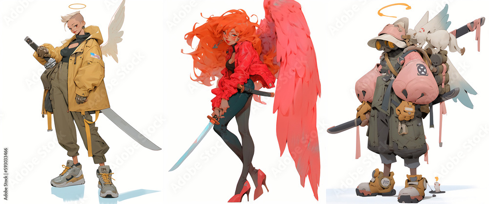 Portraits of a samurai angel girl with wings. Anime style illustration ...
