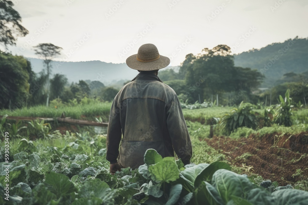 authentic image capturing a farmer from the back view tending to a ...