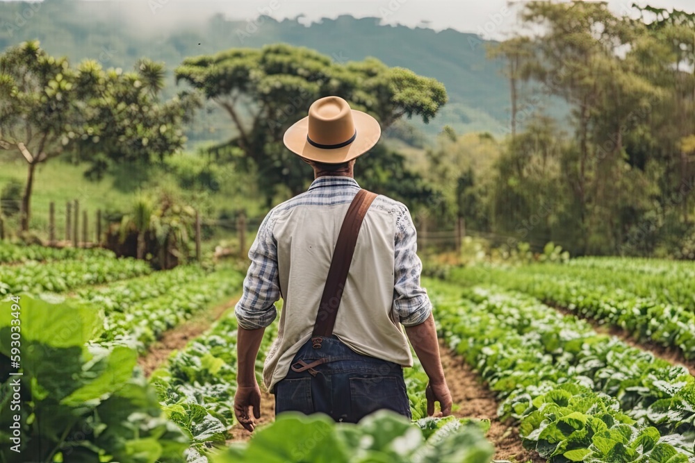 authentic image capturing a farmer from the back view tending to a ...