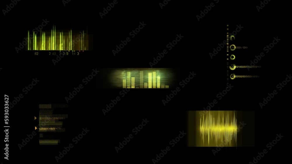 A set of 5 animated HUD elements showing data and audio wave graphs. They come with and without ...