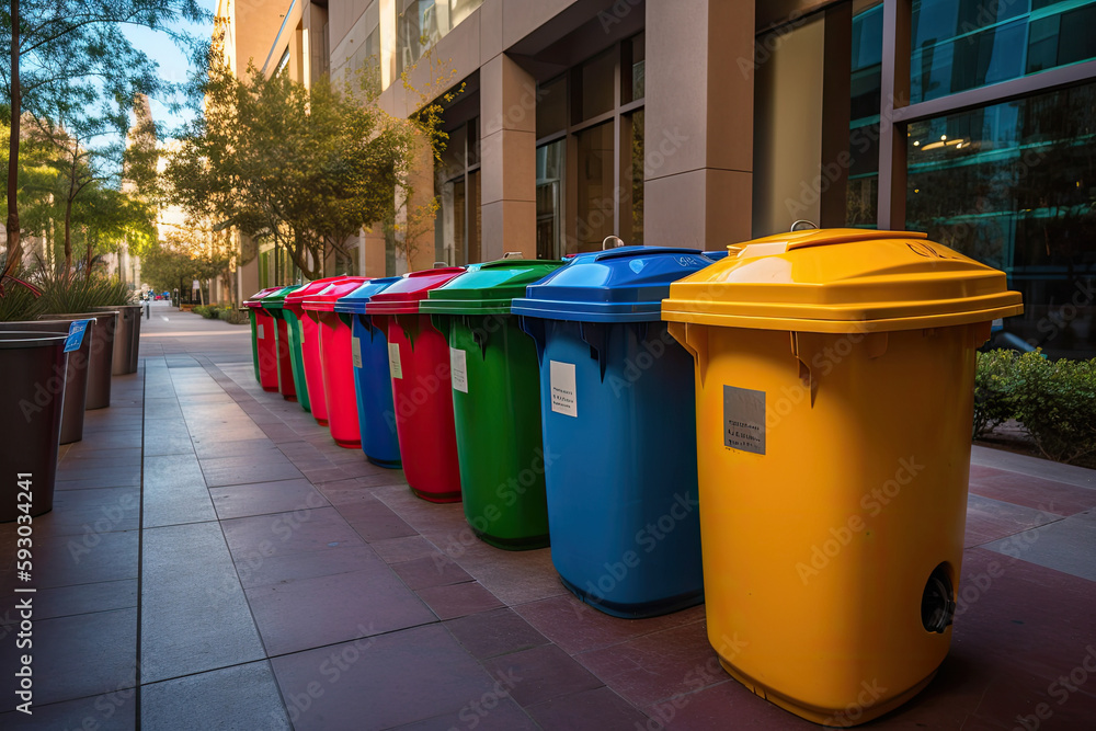 colorful trash bins lined up on the sidewalk in front of an office building, with trees and ...