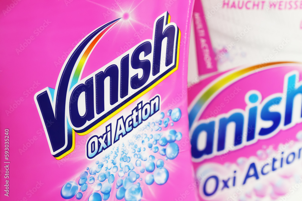 Viersen, Germany - March 9. 2023: Closeup of Vanish oxi action washing ...