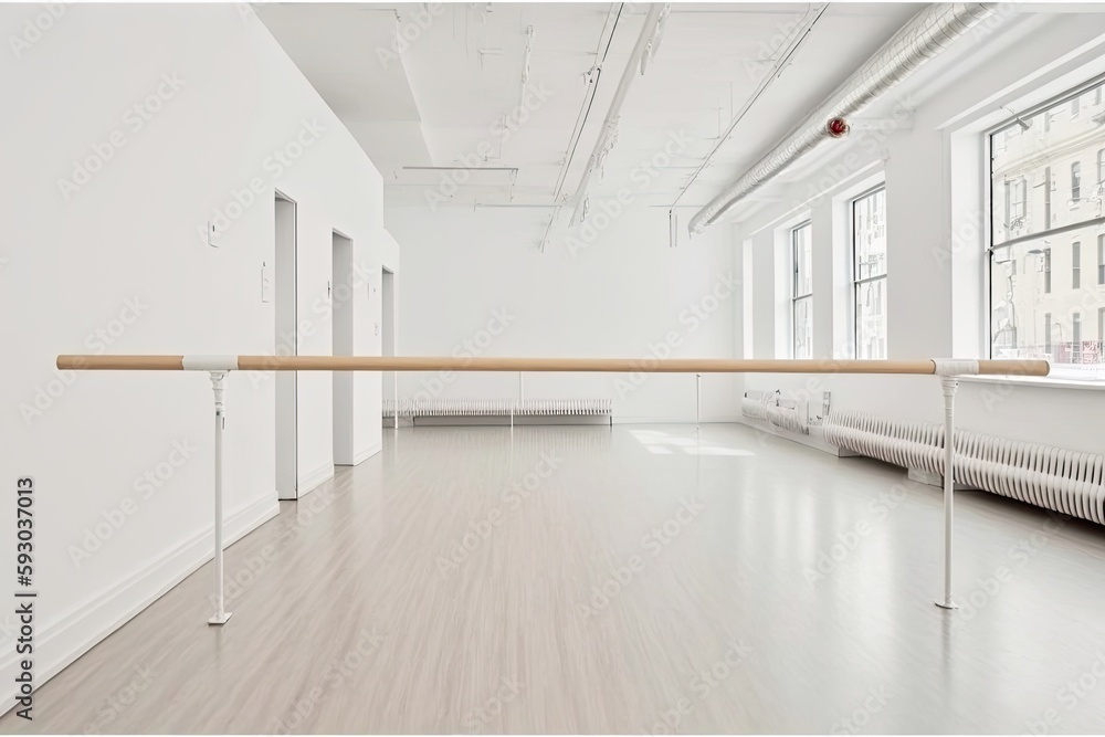 ballet barre in a studio with white walls. An empty ballet class, white ...