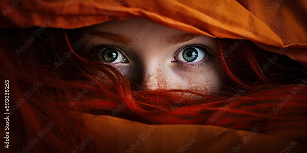The eye of beautiful girl peeks out from behind pile of red hair on her ...