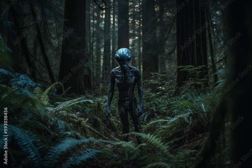 Dark horrifying creature alien with glowing eyes, extraterrestrial in ...