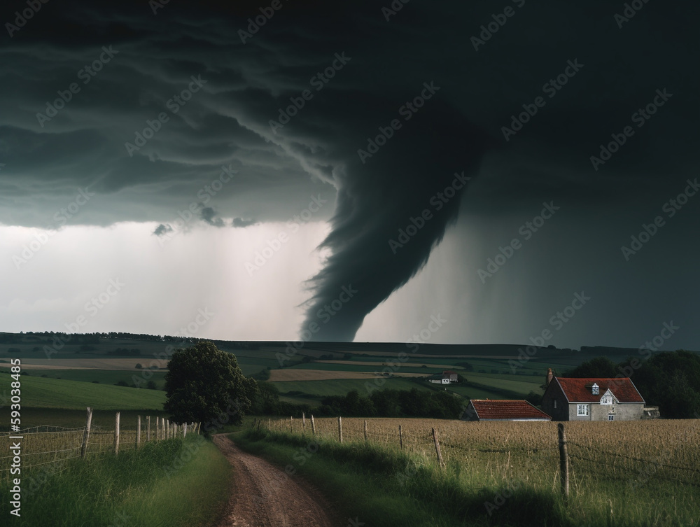 Natural disaster, hurricane tornado blowing across the land and ...