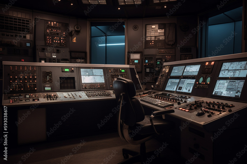 Control center of a nucler power plant with panels and buttons and ...