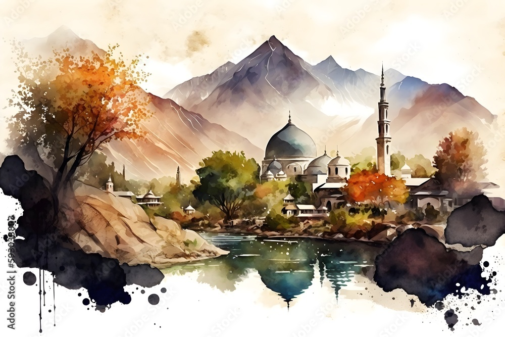 Beautiful Watercolor Drawing of Muslim Village Landscape. Created with ...