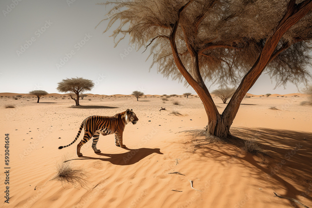 Wild tiger in the middle of the desert - Climate change, global warming ...