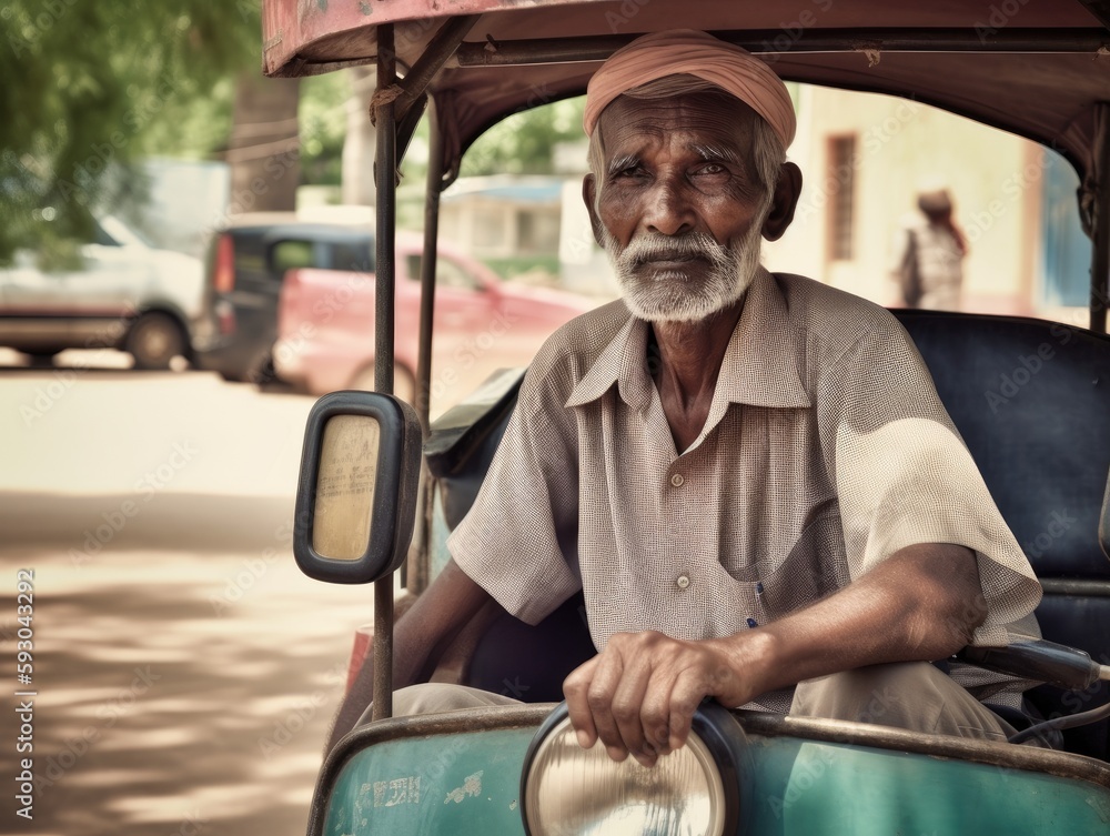 Mature Indian man inside a traditional Tuc Tuc bike. Ai Generative. Stock Illustration | Adobe Stock