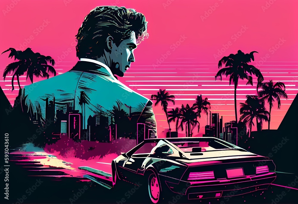 Retro wave vice Miami fashioned man near retro sport car. Sunset scene ...