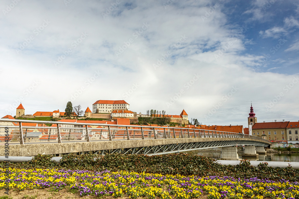 Panorama cityscape view at Ptuj and the river Drava in April, early ...