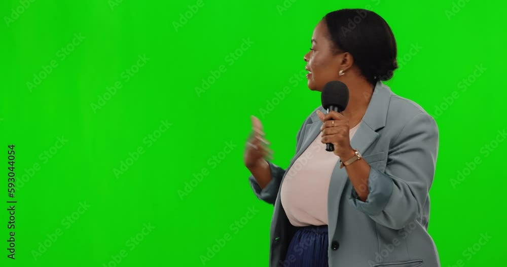 Female news reporter, microphone and green screen in studio broadcast ...