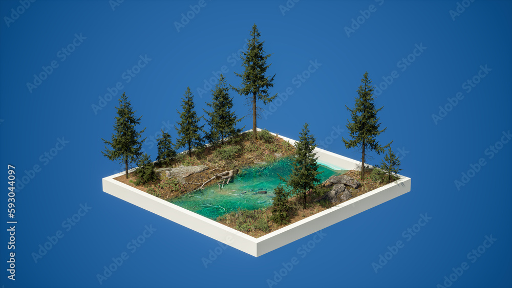 Display a 3D isometric view of a small garden with a pine tree in the ...