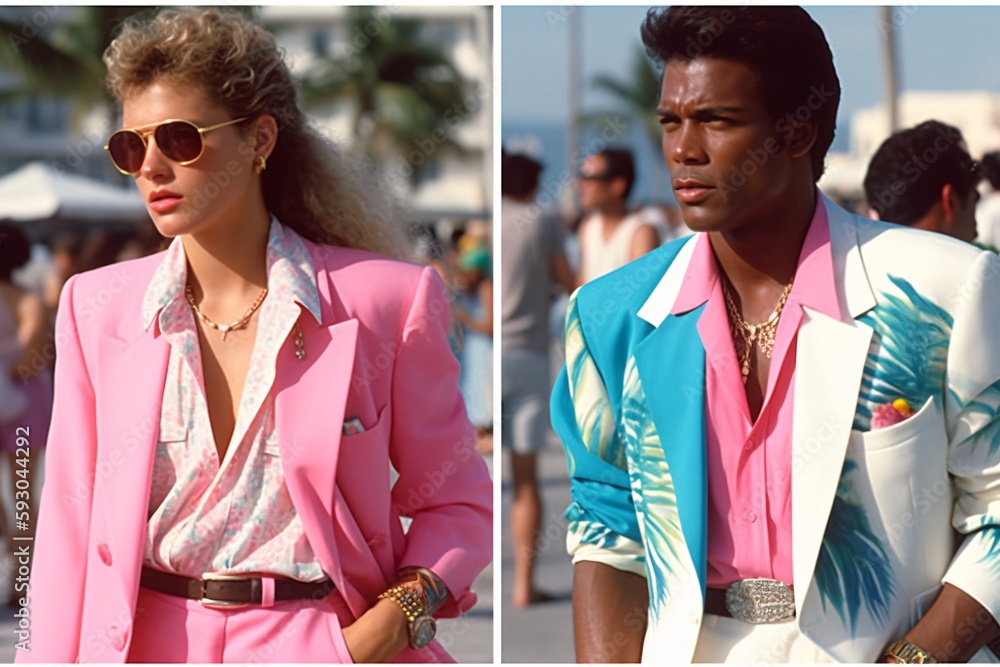 Retro wave vice Miami fashioned man and woman in sunglasses. Sunset ...