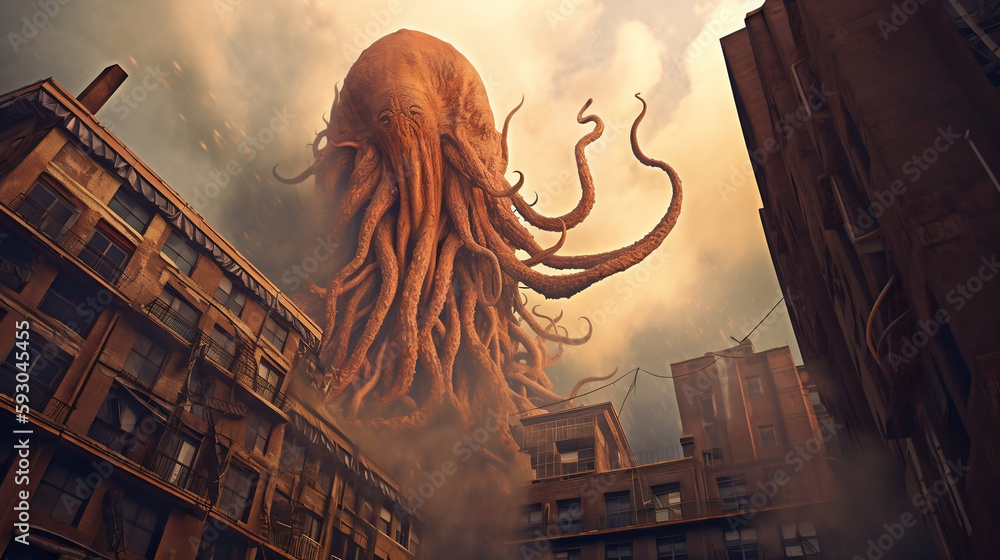 A daunting cosmic horror towering over a deserted city, its tentacles ...