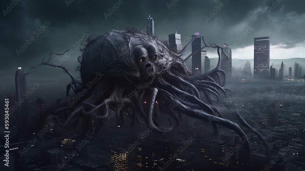 A daunting cosmic horror towering over a deserted city, its tentacles ...