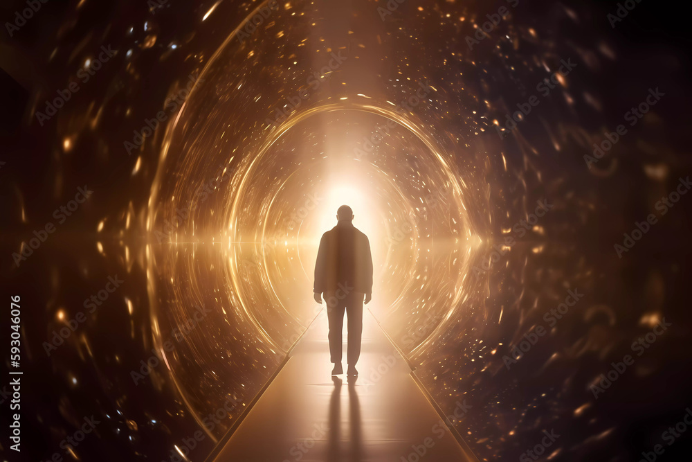 A futuristic image of a person from behind entering a vortex portal or ...
