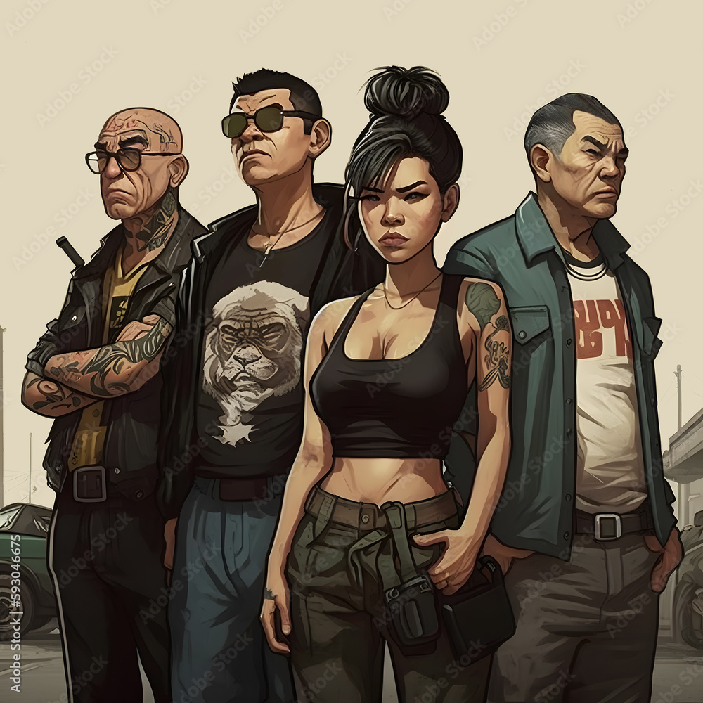 Asian gang - cartoon image created with Generative AI technology Stock ...