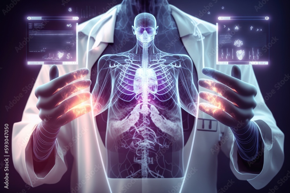 Doctor's hands holding a digital screen with the projection of a human ...
